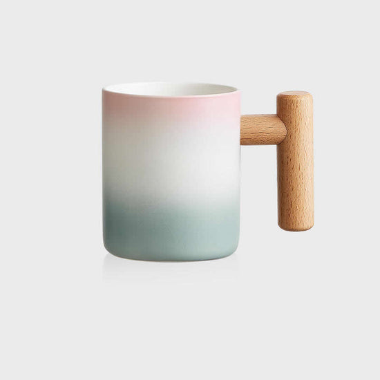 Classic Gradient Ceramic Mug with Wooden Handle - Artistic Elegant Dri ...