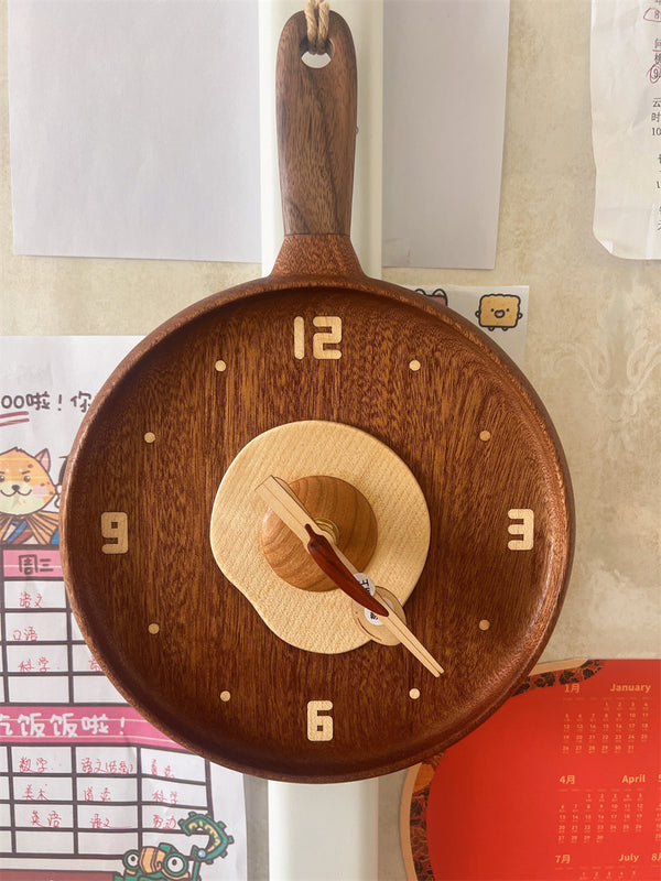 Whimsical Pancake Pan Wall Clock - Funny Wooden Kitchen Art – More Angle