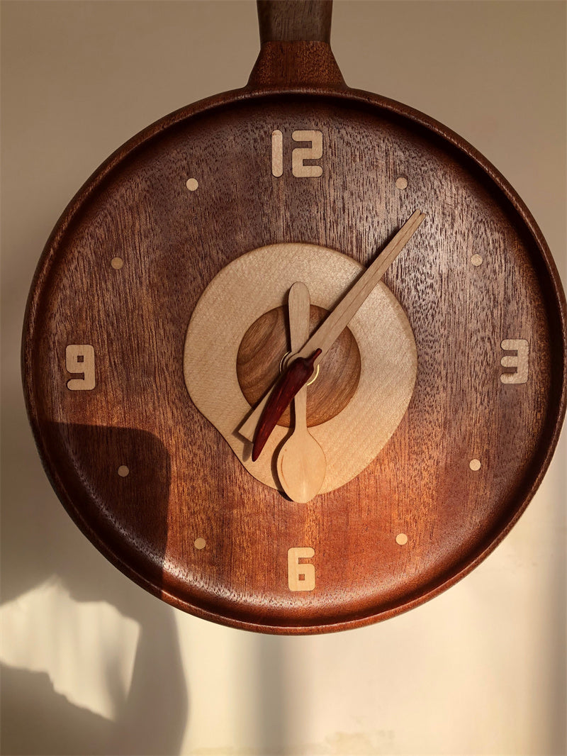 Whimsical Pancake Pan Wall Clock - Funny Wooden Kitchen Art – More Angle