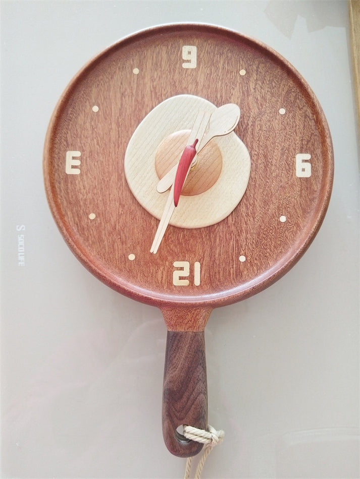 Whimsical Pancake Pan Wall Clock - Funny Wooden Kitchen Art – More Angle