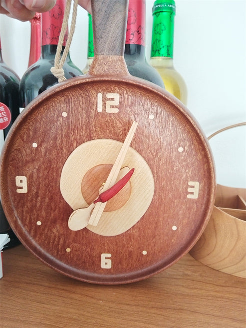 Whimsical Pancake Pan Wall Clock - Funny Wooden Kitchen Art – More Angle