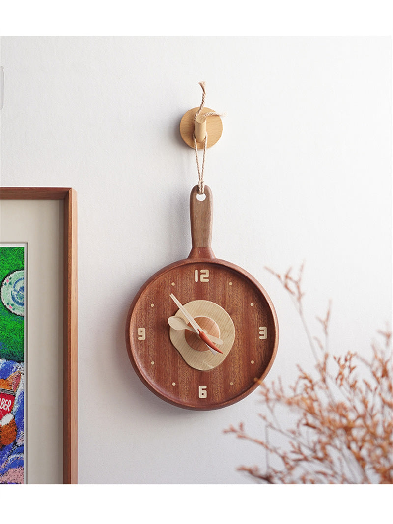 Whimsical Pancake Pan Wall Clock - Funny Wooden Kitchen Art – More Angle
