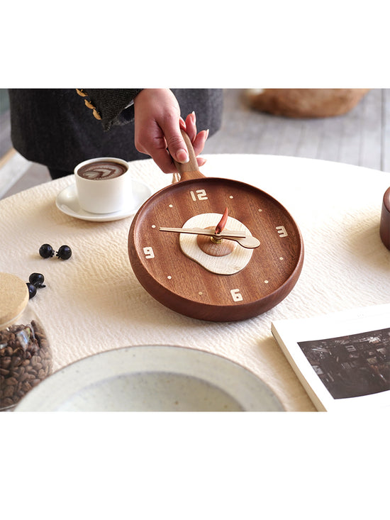 Whimsical Pancake Pan Wall Clock - Funny Wooden Kitchen Art – More Angle