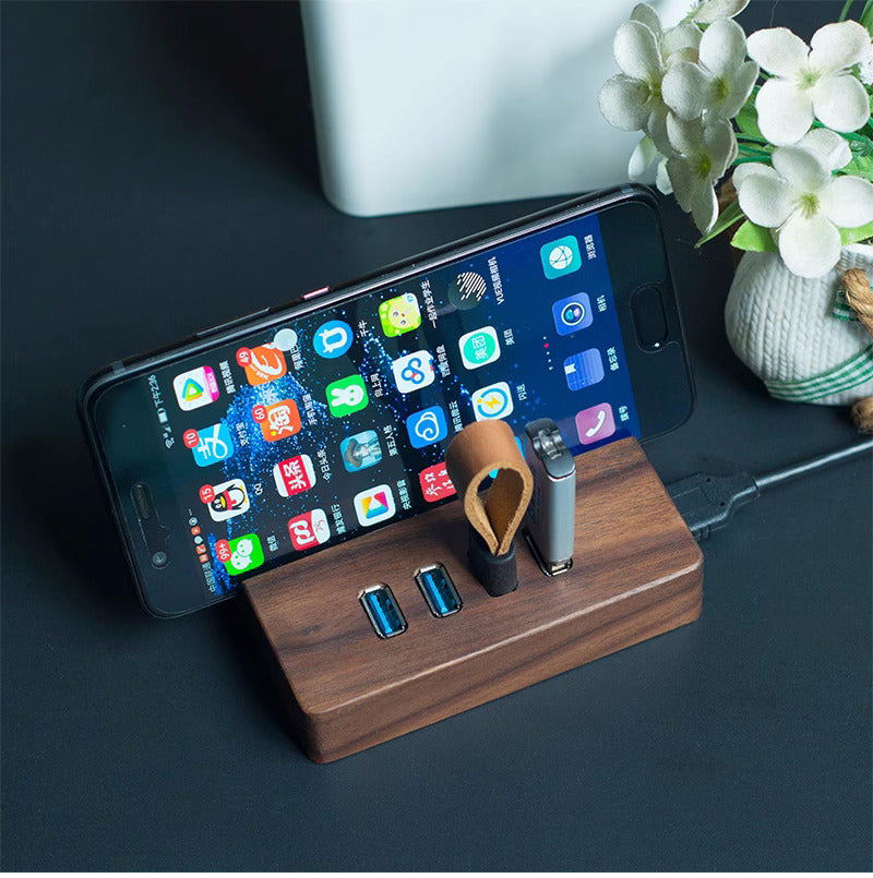 Black walnut USB port expansion Wooden splitter HUB – More Angle