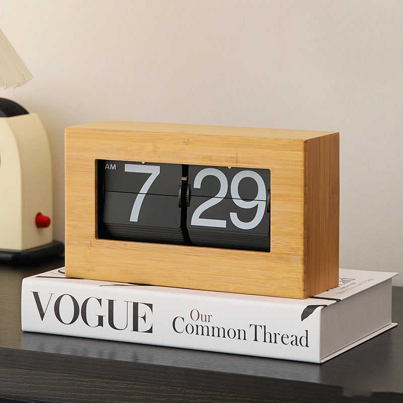Classic Bamboo Flip Clock - Retro Mechanical Desk Clock with Wooden Fr ...