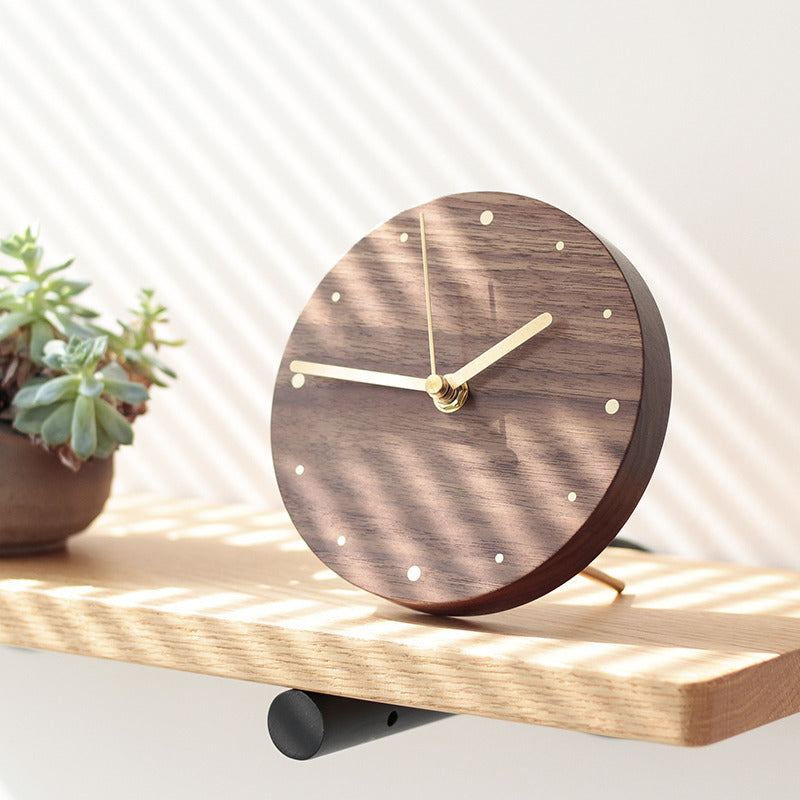 Classic Black Walnut Art Round Desk Clock with Brass Hands – More Angle