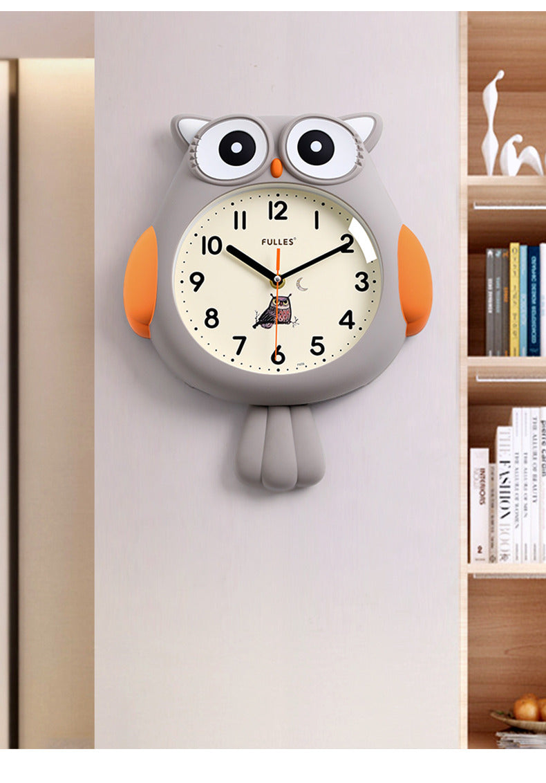 Cute cartoon owl wall clock with wagging tail, children's room decorat ...