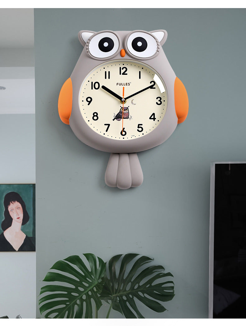 Cute cartoon owl wall clock with wagging tail, children's room decorat ...