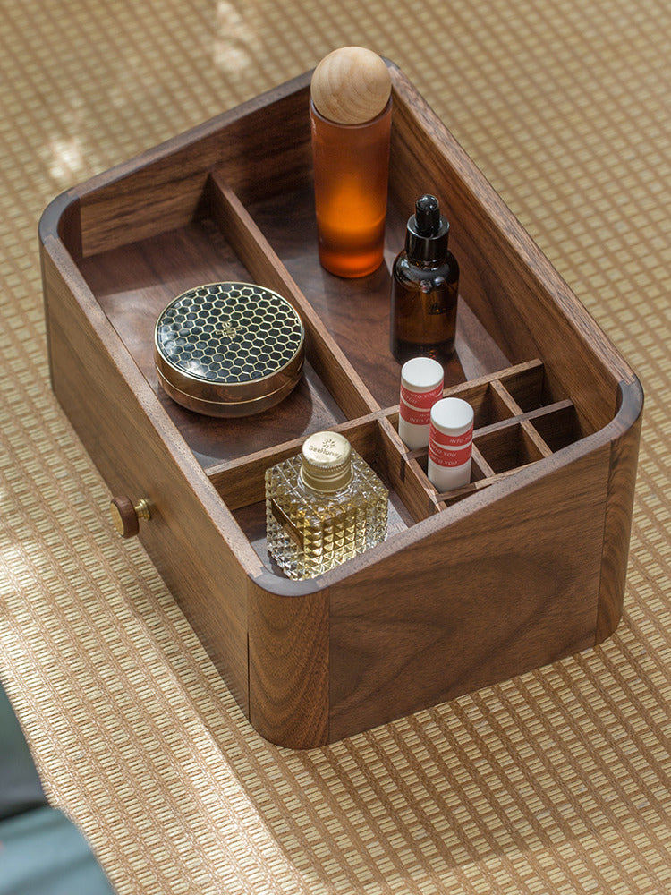 Desktop Multifunctional Wooden Storage Box With Drawer,Black Walnut De ...
