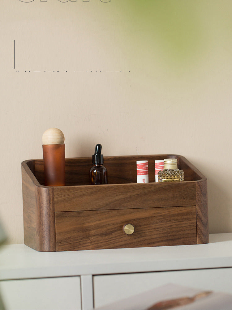 Desktop Multifunctional Wooden Storage Box With Drawer,Black Walnut De ...