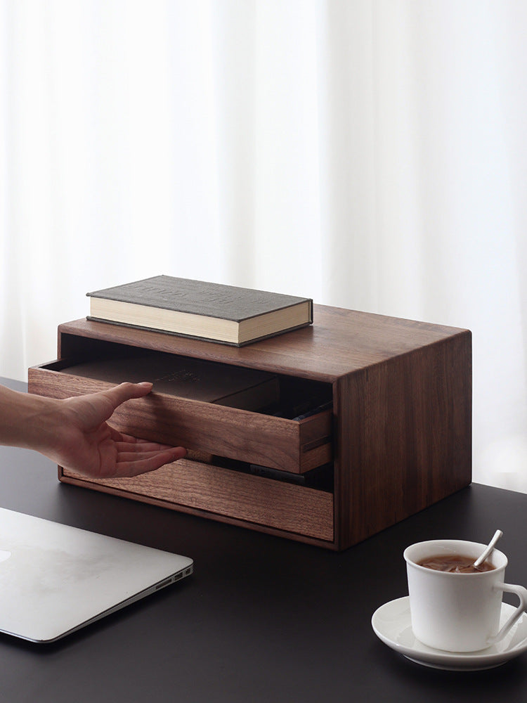 Double Drawer Black Walnut Desk Organizer - Wooden Office A4 File Stor ...