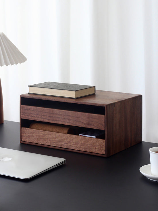 Double Drawer Black Walnut Desk Organizer - Wooden Office A4 File Stor ...