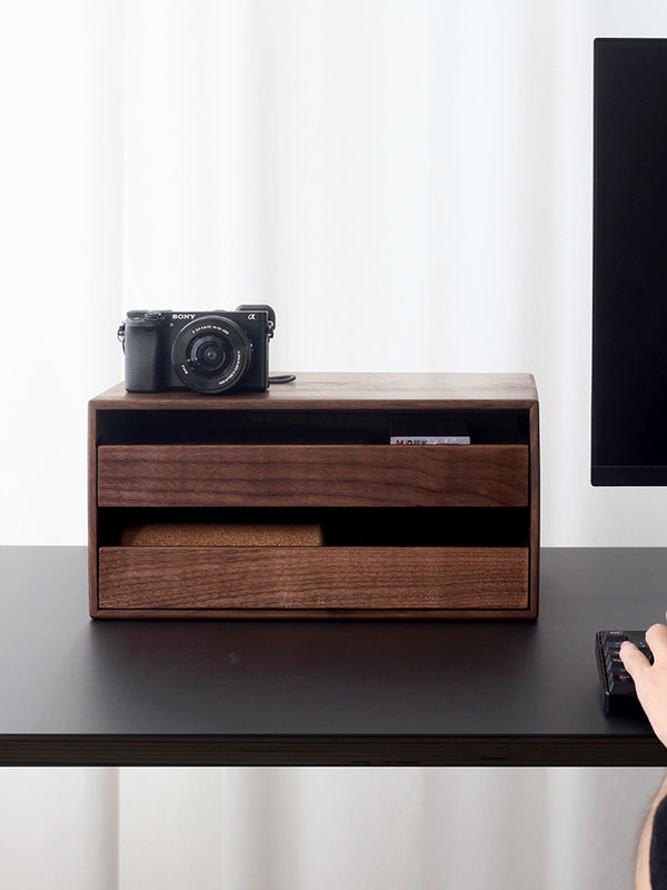 Double Drawer Black Walnut Desk Organizer - Wooden Office A4 File Stor ...