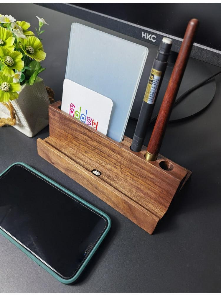 Office desk organizer wooden pen holder, cell phone holder, business c ...