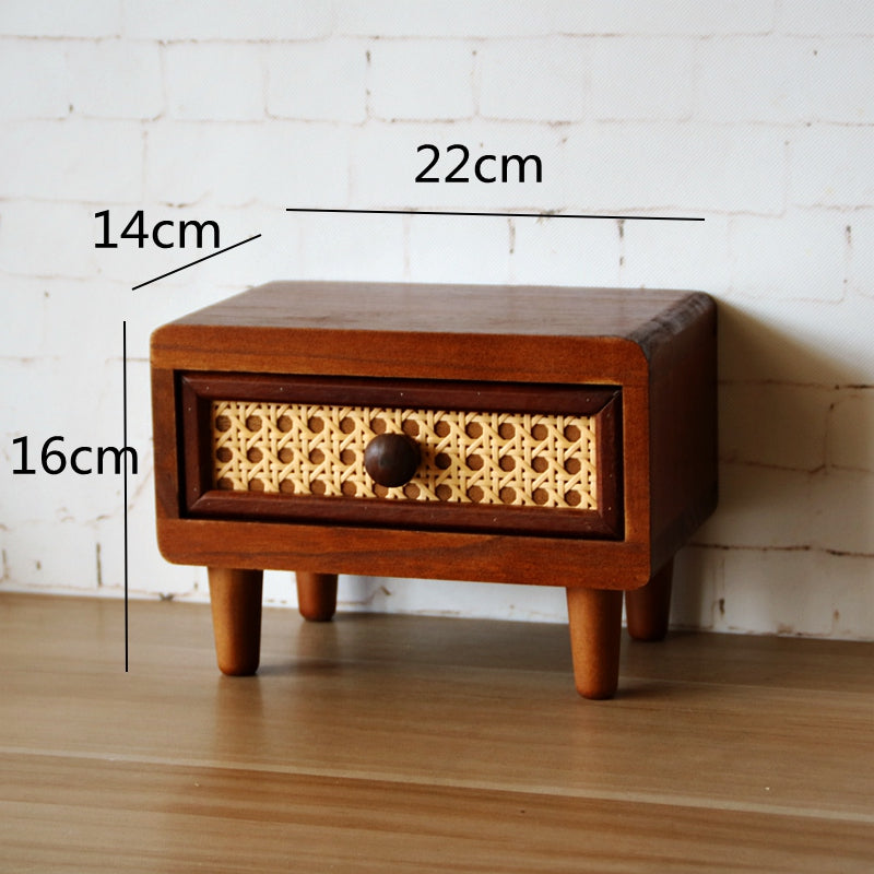 Retro Rattan Wooden Storage Box With Drawer, For Desktop Organize ...