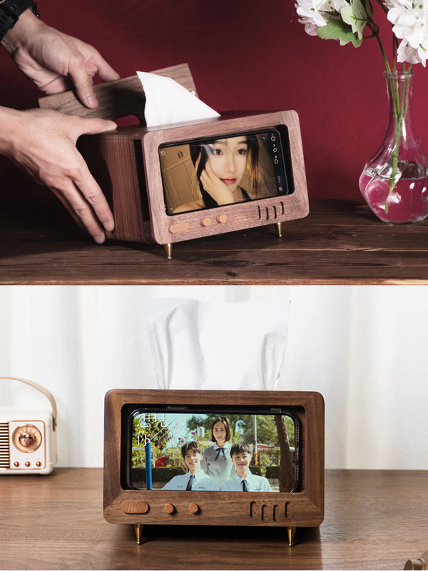 Retro Wooden Tv Tissue Box With Cell Phone Holder, Black Walnut Design ...