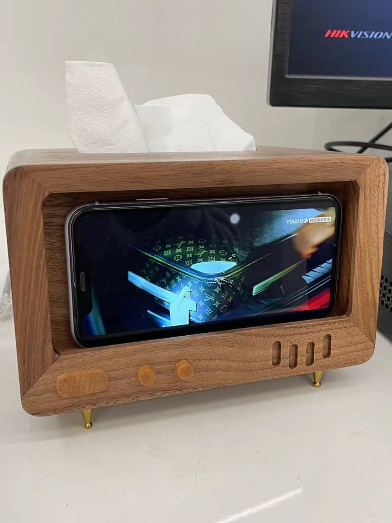 Retro Wooden Tv Tissue Box With Cell Phone Holder, Black Walnut Design ...