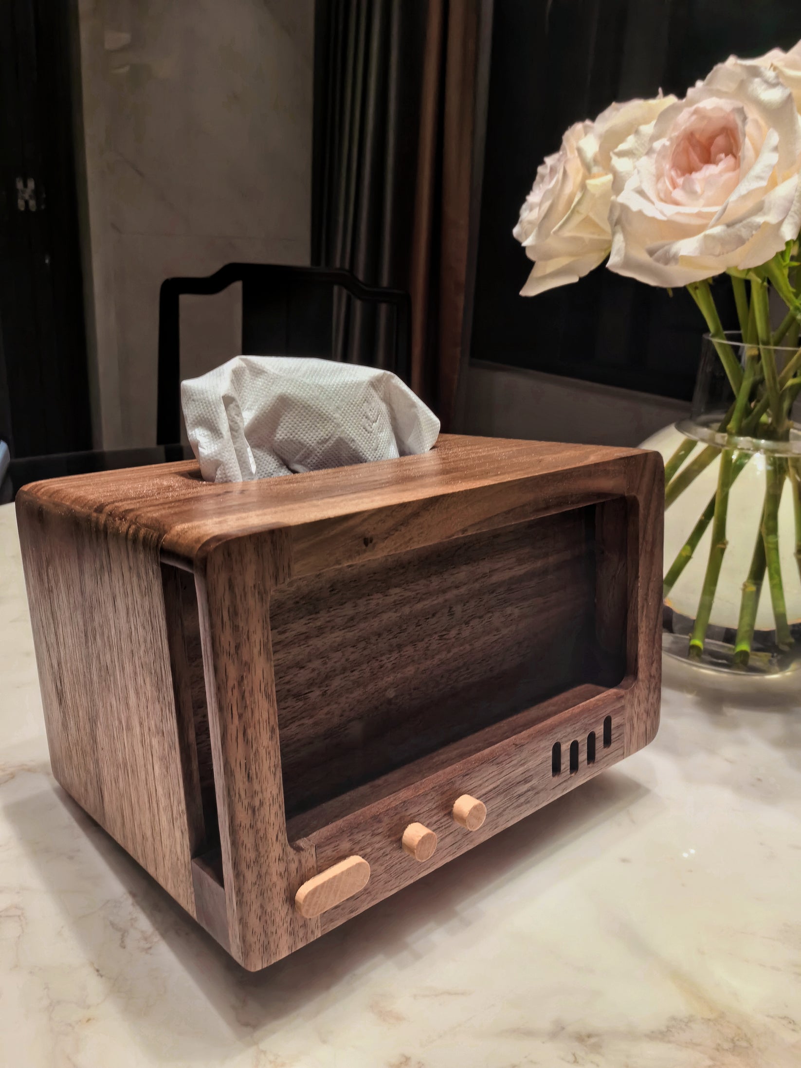 Retro Wooden Tv Tissue Box With Cell Phone Holder, Black Walnut Design ...
