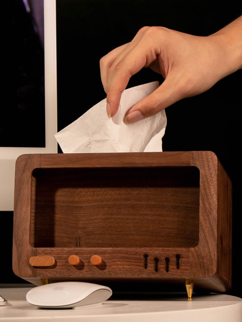 Retro Wooden Tv Tissue Box With Cell Phone Holder, Black Walnut Design ...