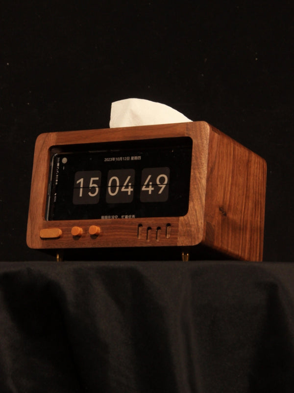 Retro Wooden Tv Tissue Box With Cell Phone Holder, Black Walnut Design ...