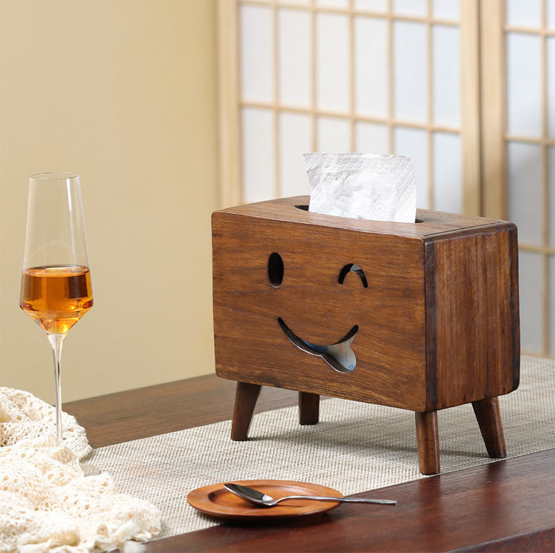 Smiling Face Retro Solid Wood Tissue Box - Cute Wooden Tissue Holder f ...