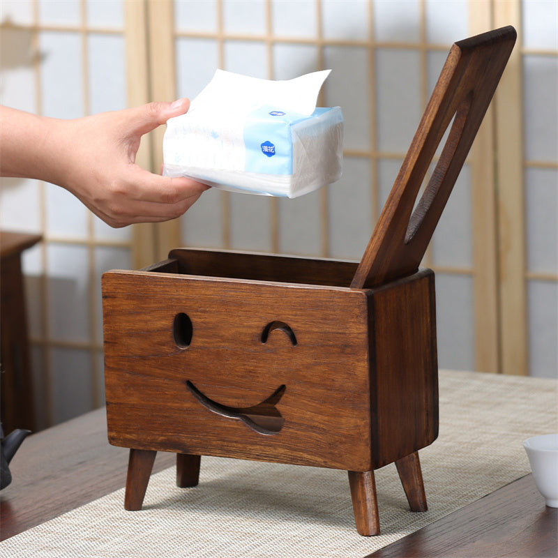 Smiling Face Retro Solid Wood Tissue Box - Cute Wooden Tissue Holder f ...