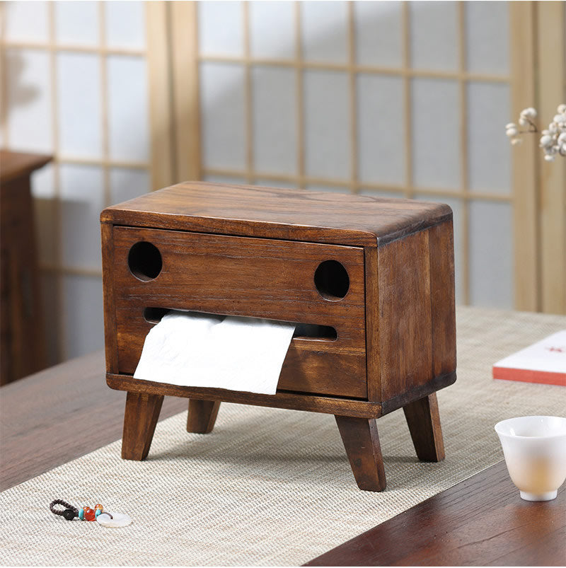 Smiling Face Retro Solid Wood Tissue Box - Cute Wooden Tissue Holder f ...