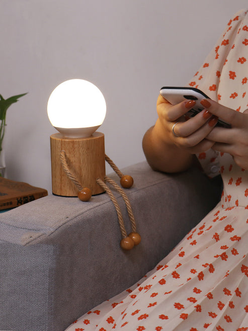 Whimsical Wooden Man Lamp: Rechargeable Night Light – More Angle