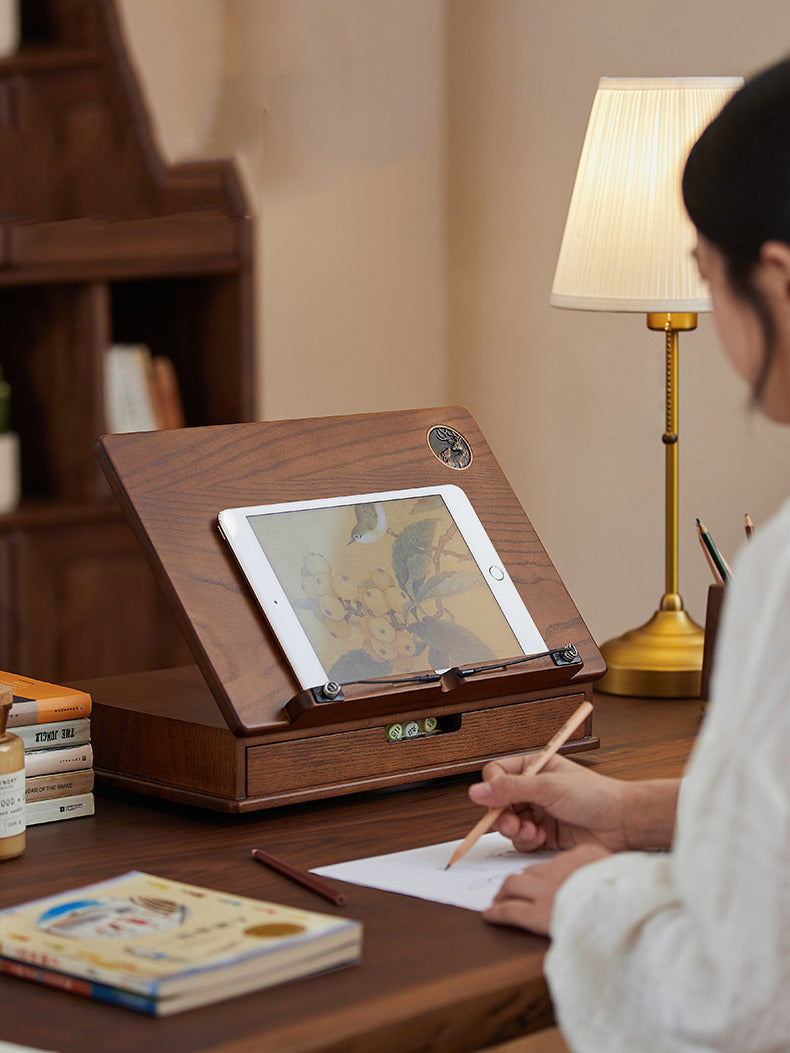 Wooden Reading Rack, Ipad Painting Stand, Drawer Storage Box – More Angle