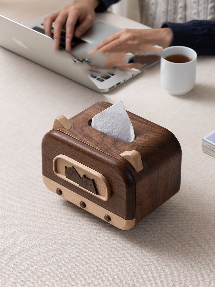 Wooden Tissue Box With Two Cute Cats, Black Walnut Design – More Angle
