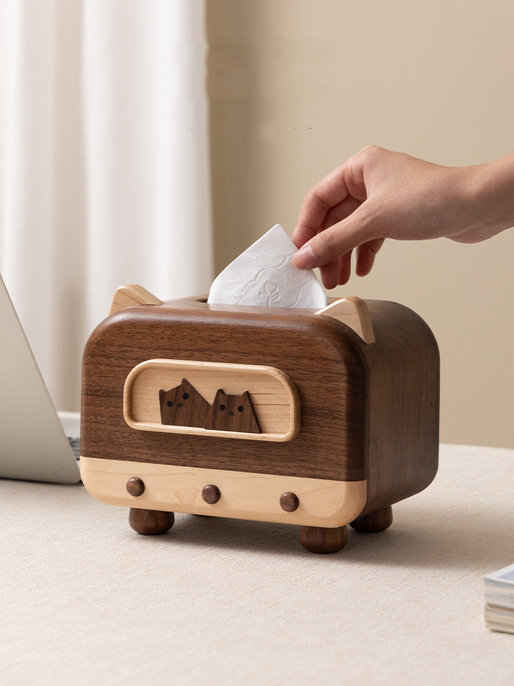 Wooden Tissue Box With Two Cute Cats, Black Walnut Design – More Angle
